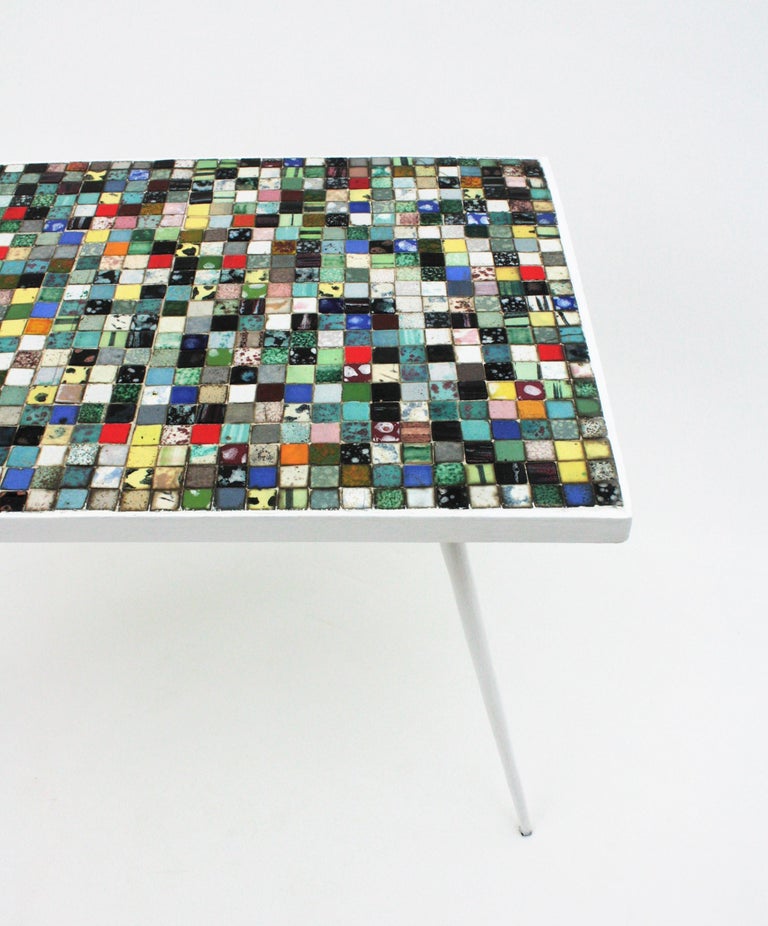 Mid-Century Modern Ceramic Mosaic Tile Top Table with White Painted ...
