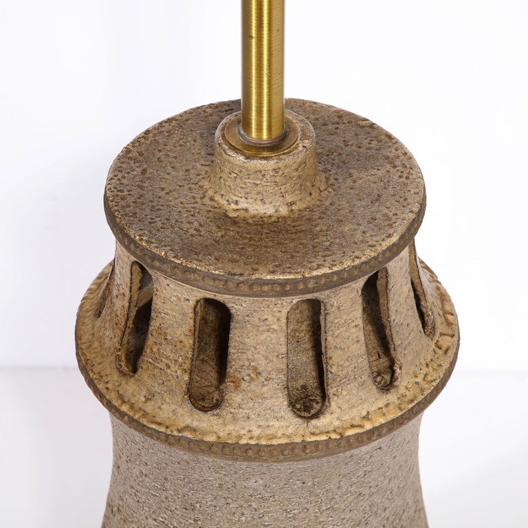Mid-Century Modern Ceramic Table Lamp w/ Arcade Detailing and Raw Fiber ...