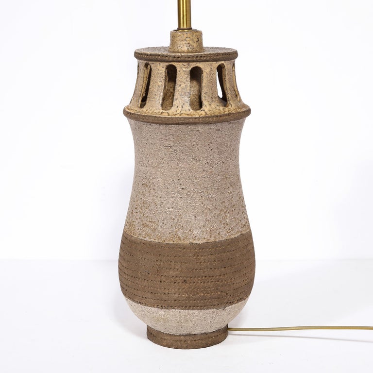 Mid-Century Modern Ceramic Table Lamp w/ Arcade Detailing and Raw Fiber ...