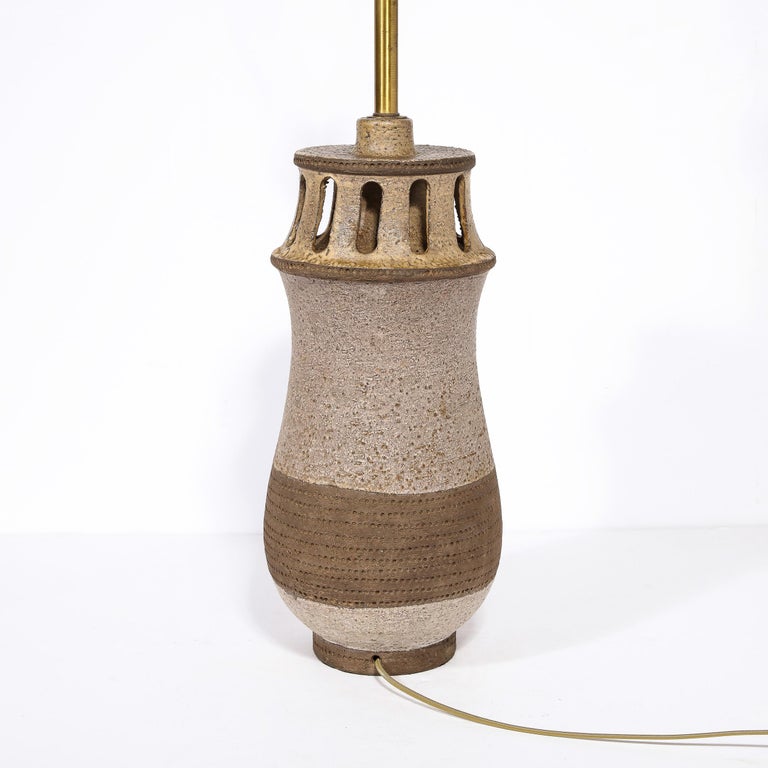 Mid-Century Modern Ceramic Table Lamp w/ Arcade Detailing and Raw Fiber ...