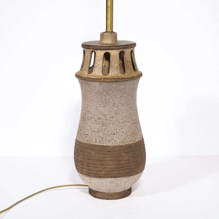 Mid-Century Modern Ceramic Table Lamp w/ Arcade Detailing and Raw Fiber ...