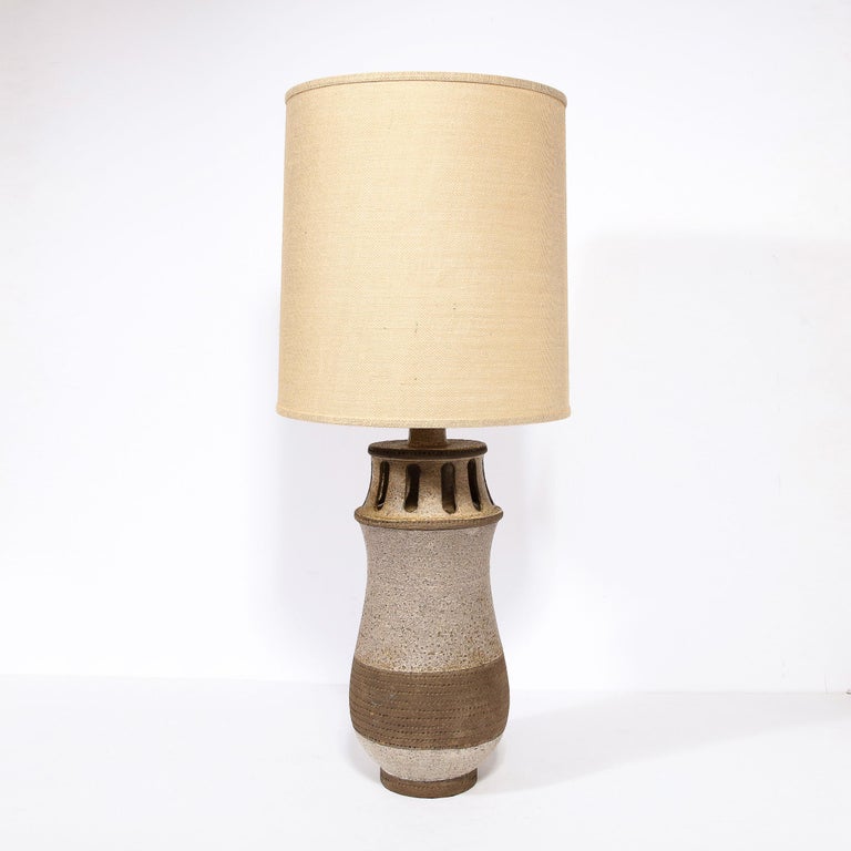 Mid-Century Modern Ceramic Table Lamp w/ Arcade Detailing and Raw Fiber ...
