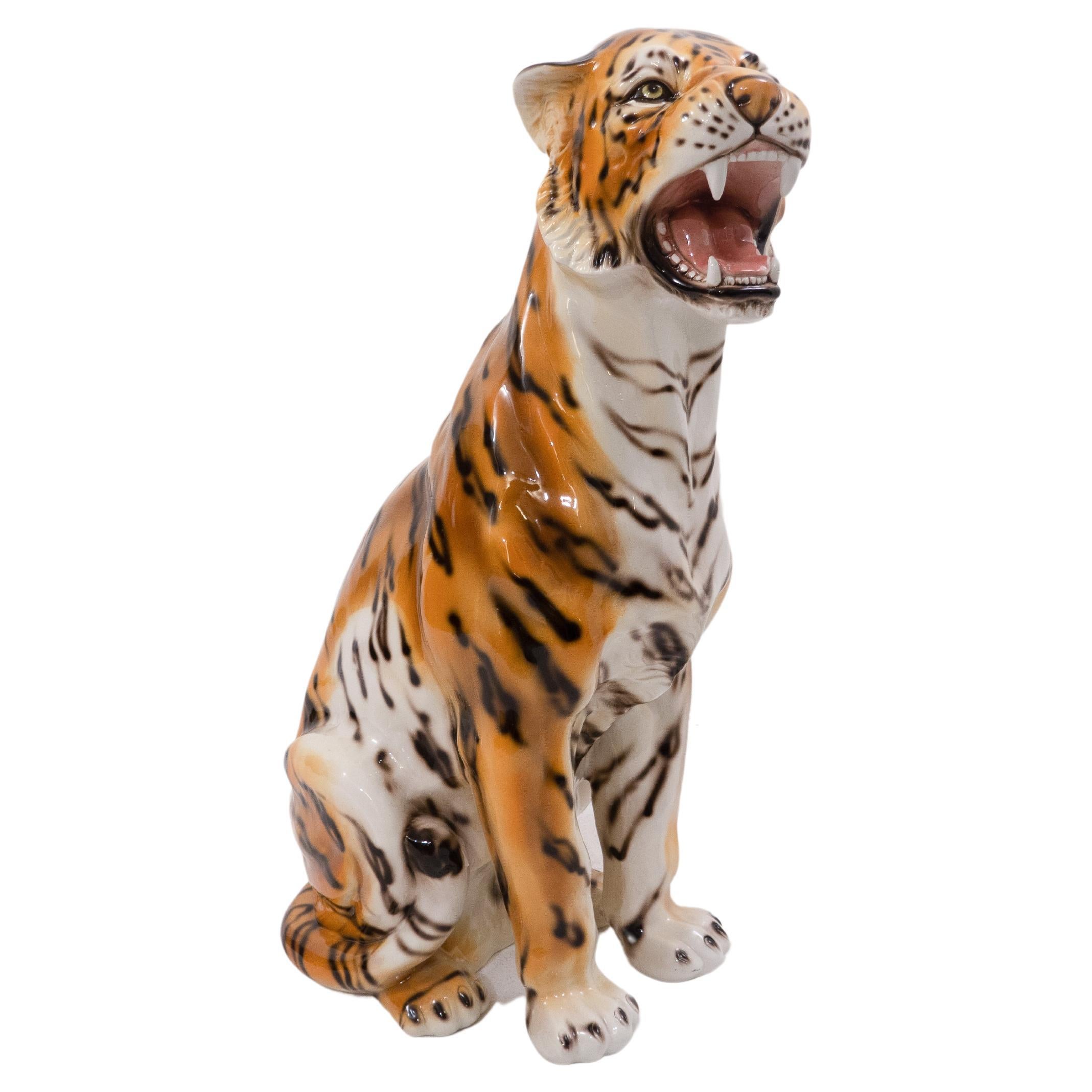 Big Mid-Century Modern Ceramic Tiger in the Style of Ronzan Marked Made ...