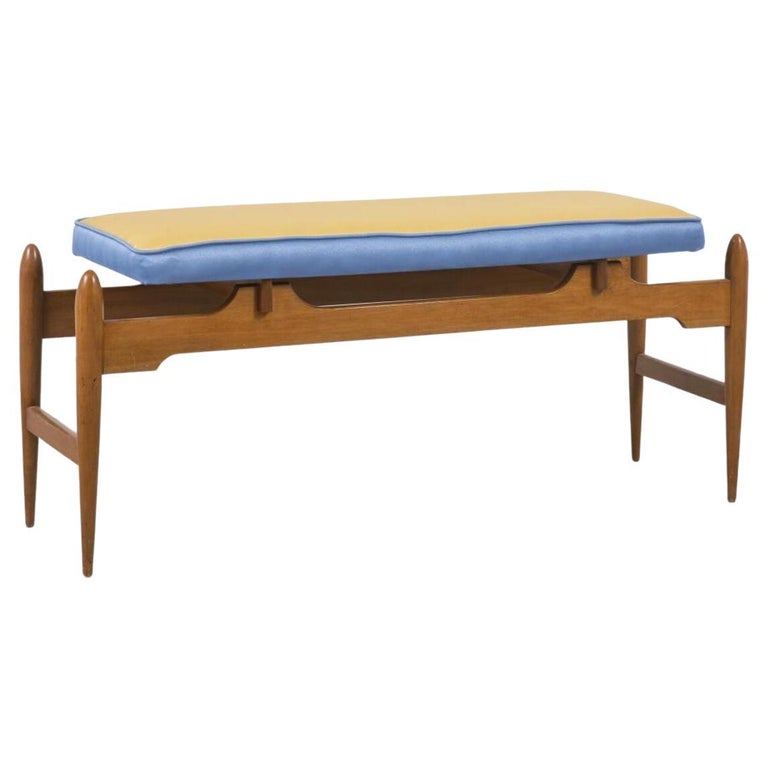 Mid-Century Modern, Cherry Wood Bench w/ Blue Silk Satin Upholstery For ...