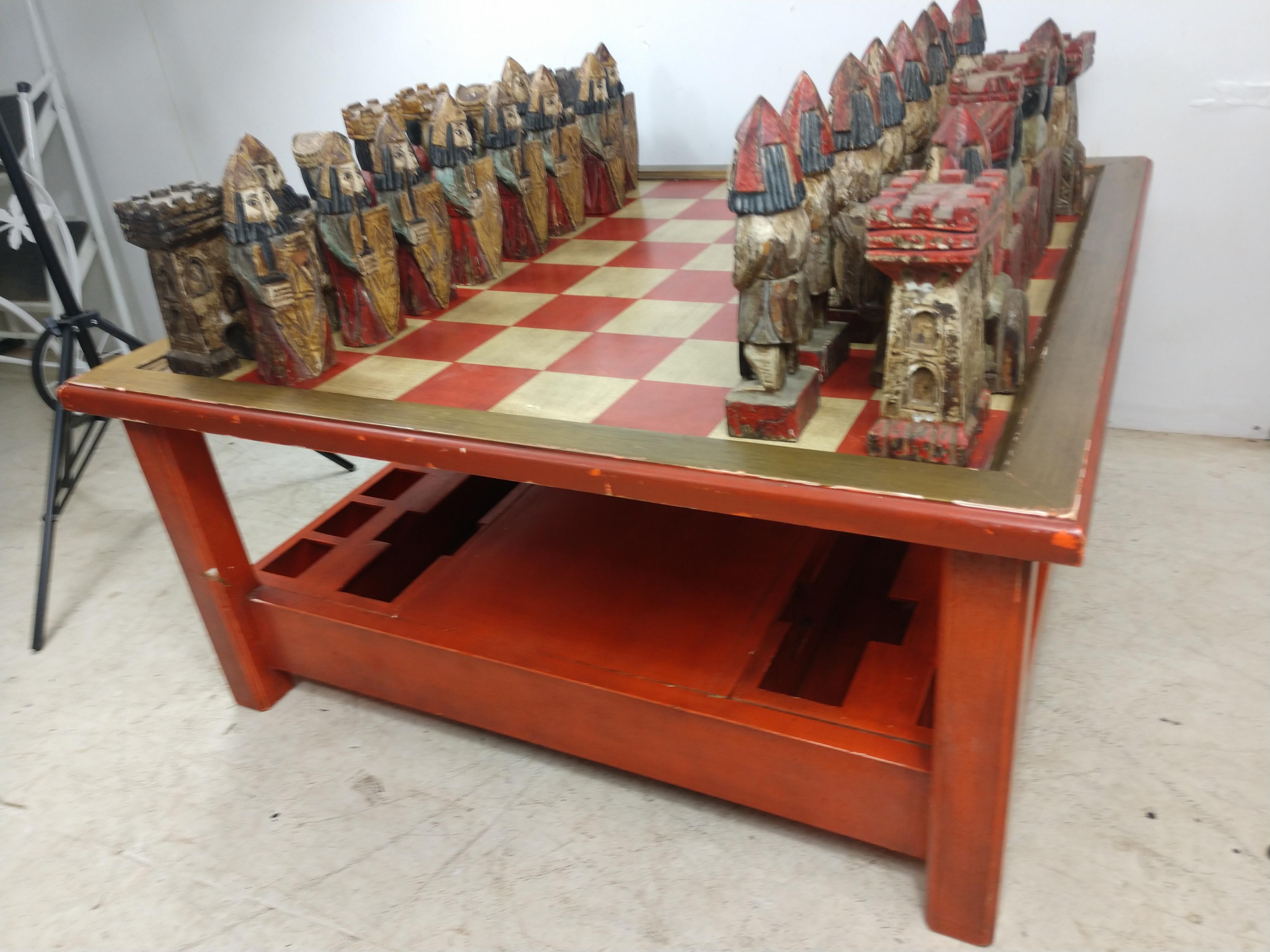 Mid-Century Modern Chess Cocktail Table with Hand Carved Polychrome ...