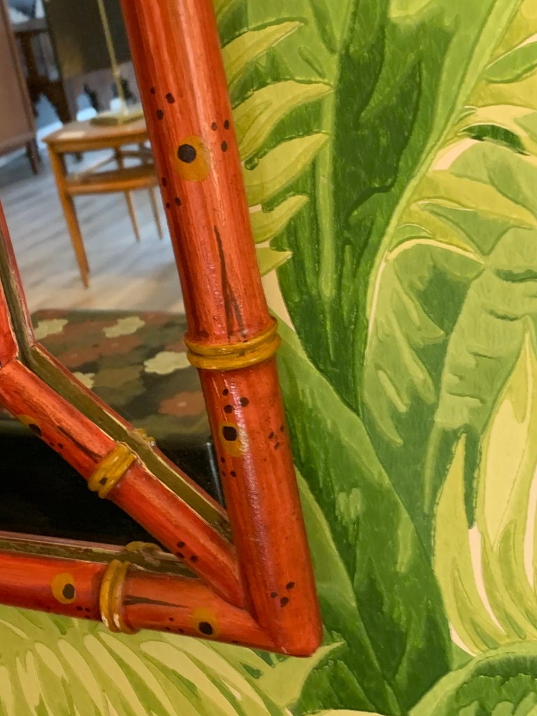 Mid-Century Modern Chinese Chippendale Red Painted Faux Bamboo Mirror ...