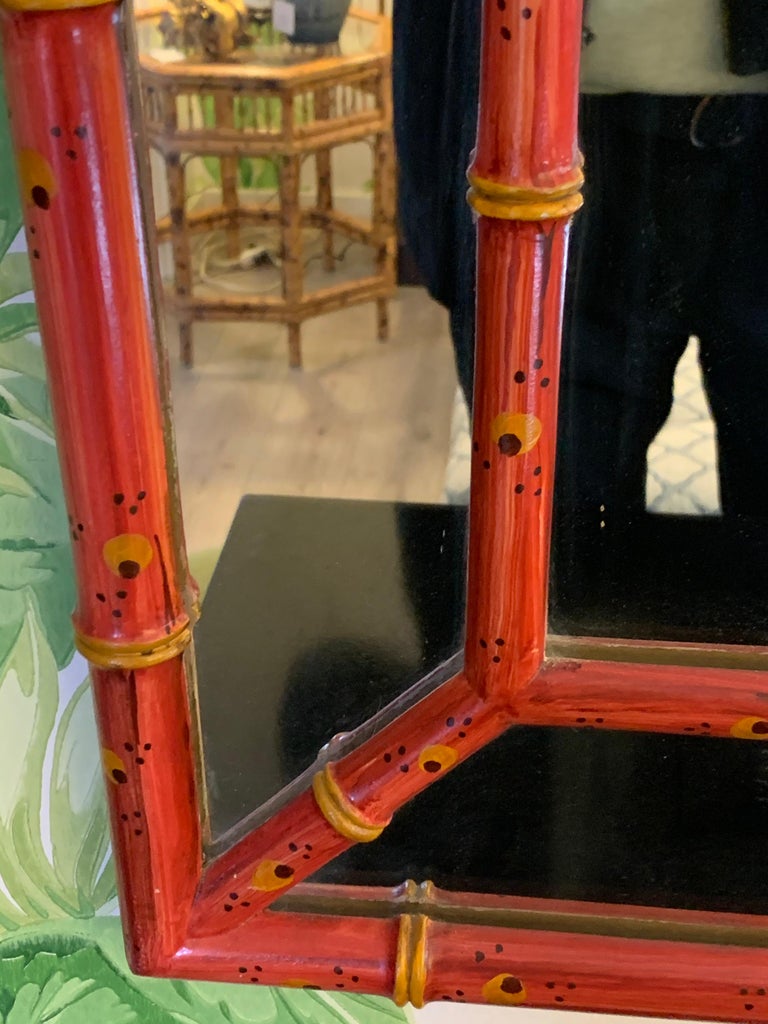 Mid-Century Modern Chinese Chippendale Red Painted Faux Bamboo Mirror ...