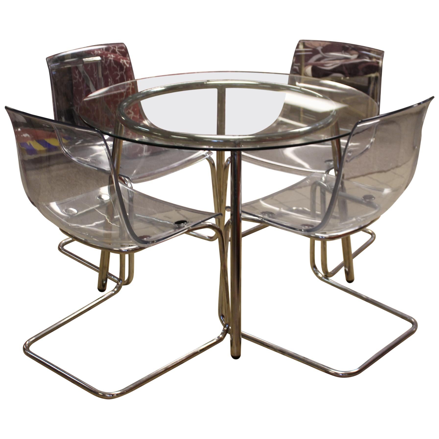 Mid-Century Modern Chrome Acrylic Dinette Set 4 Side Chairs Glass Top ...