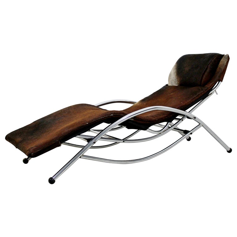 Mid-Century Modern Chrome and Brown Cow Hide Chaise Lounge Corbusier ...
