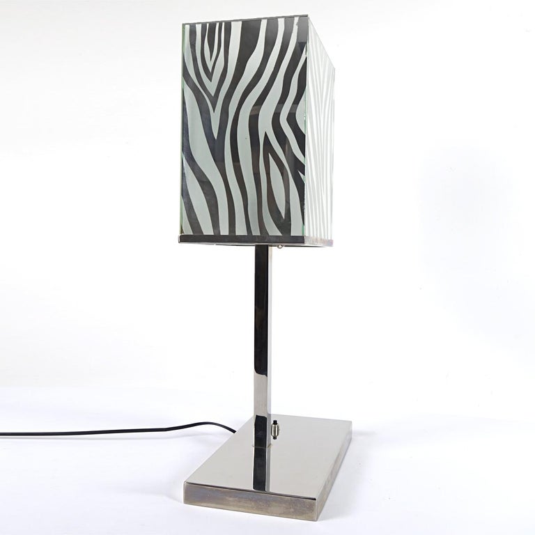 Mid-Century Modern Chrome Table Lamp with Glass Zebra Print Shade For ...