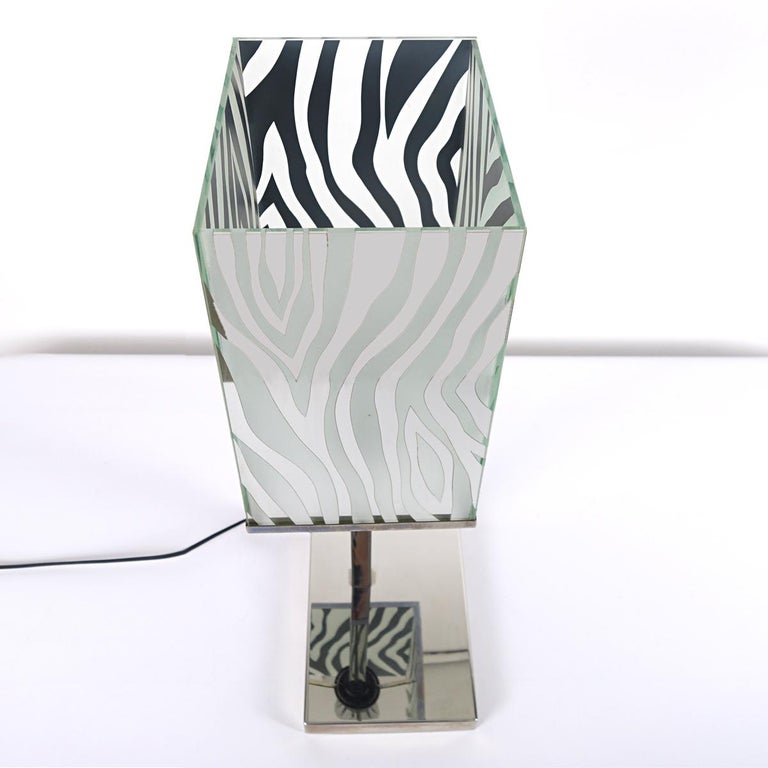 Mid-Century Modern Chrome Table Lamp with Glass Zebra Print Shade For ...