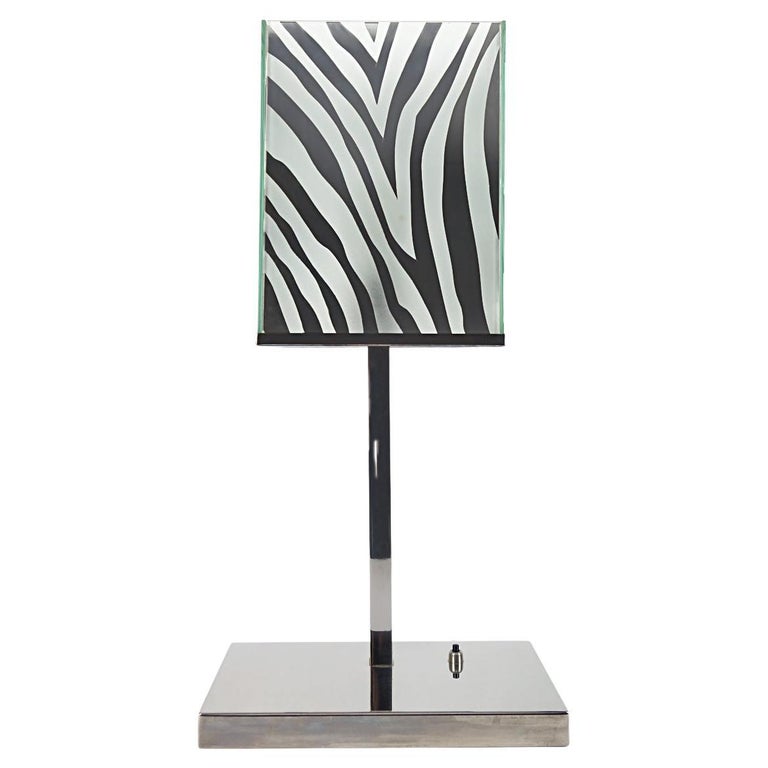 Mid-Century Modern Chrome Table Lamp with Glass Zebra Print Shade For ...