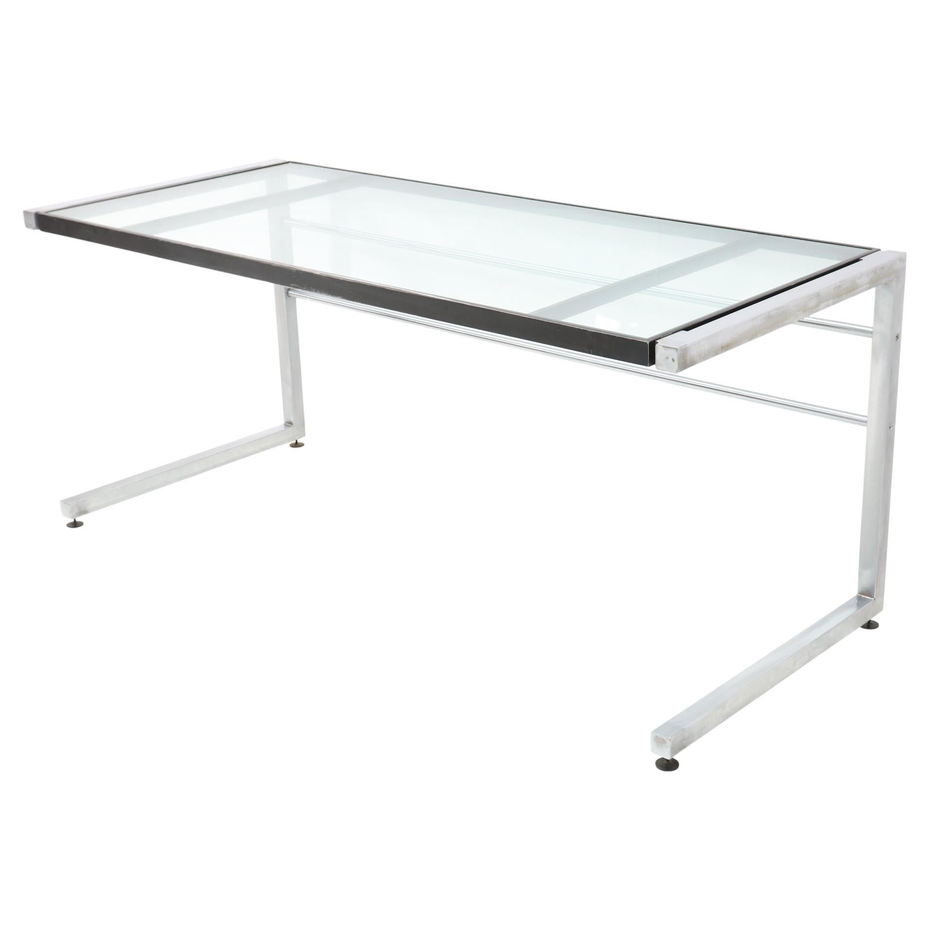 Bamboo Trestle Table with Glass Top and Chrome Detail at 1stDibs