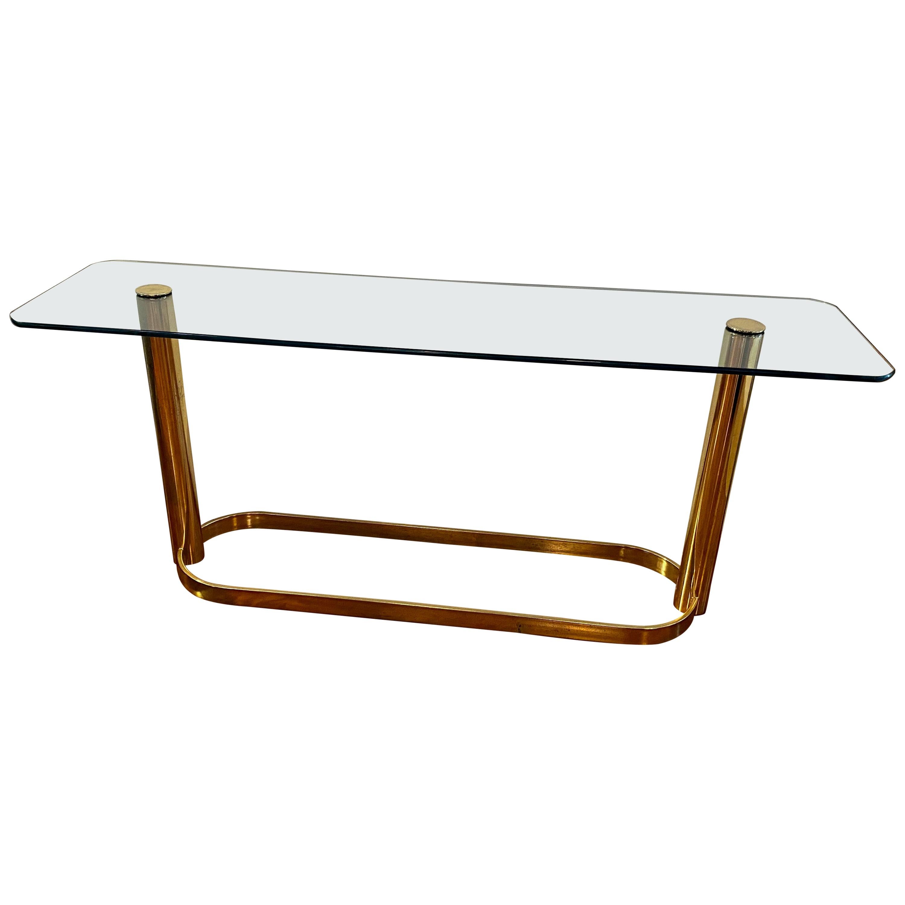 Pair of Mid-Century Modern Brass and Chrome Console Tables with a Dark ...