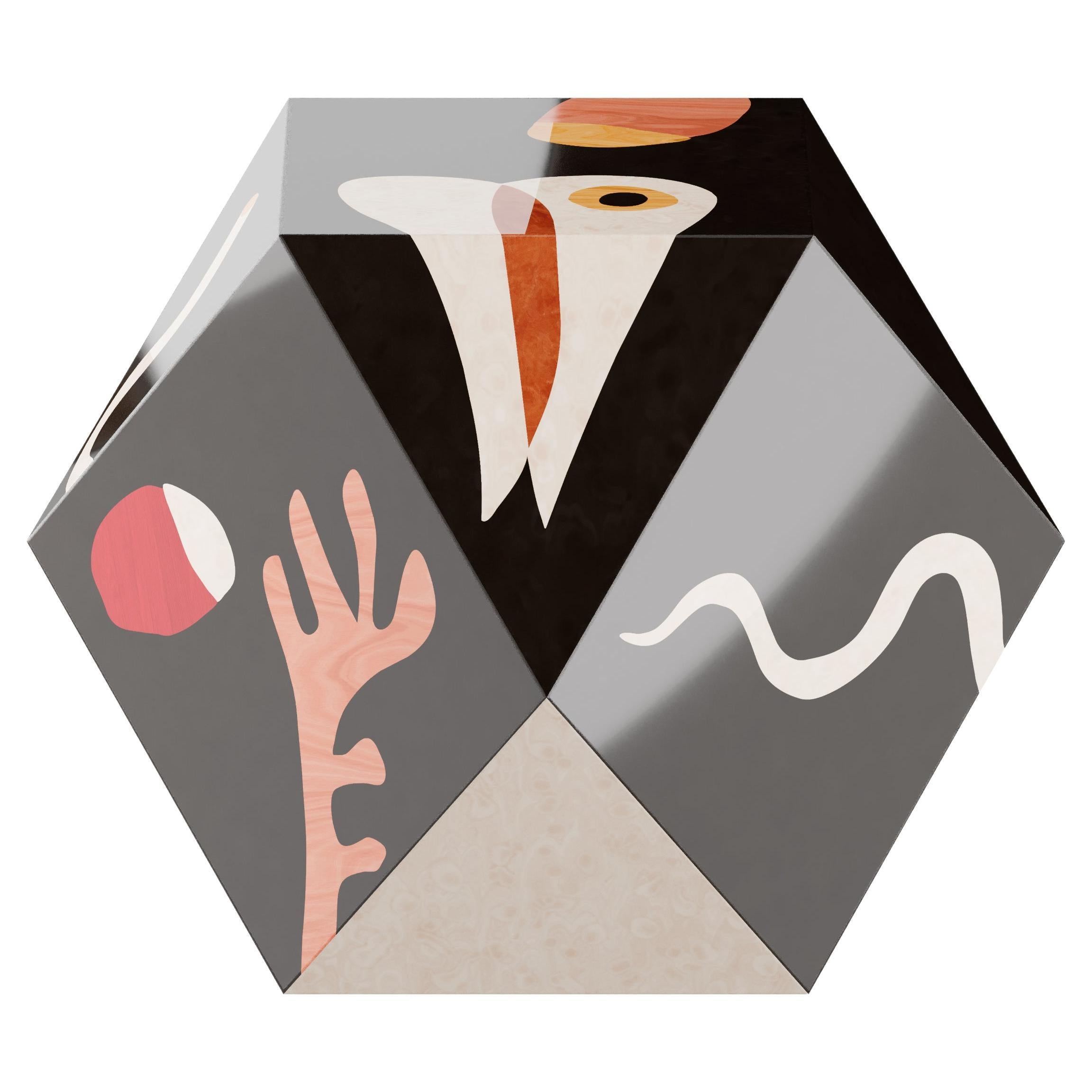 Contemporary Cubic Shape Side Center Table in Bird Eye Wood Leaf and ...