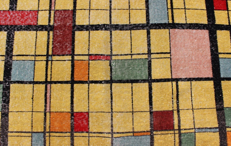 Mid-Century Modern Design Turkish Rug, Vintage Modern Carpet in Bright ...