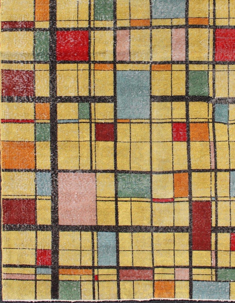 Mid-Century Modern Design Turkish Rug, Vintage Modern Carpet in Bright ...