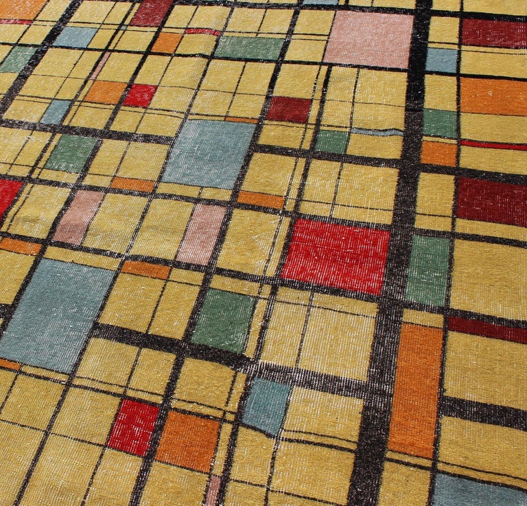 Mid-Century Modern Design Turkish Rug, Vintage Modern Carpet in Bright ...