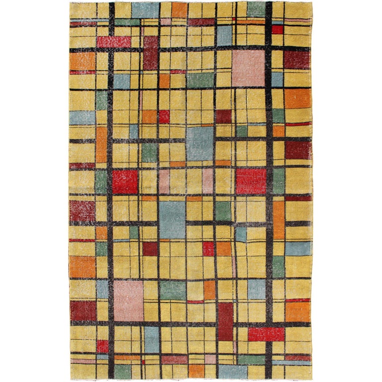 Mid-Century Modern Design Turkish Rug, Vintage Modern Carpet in Bright ...