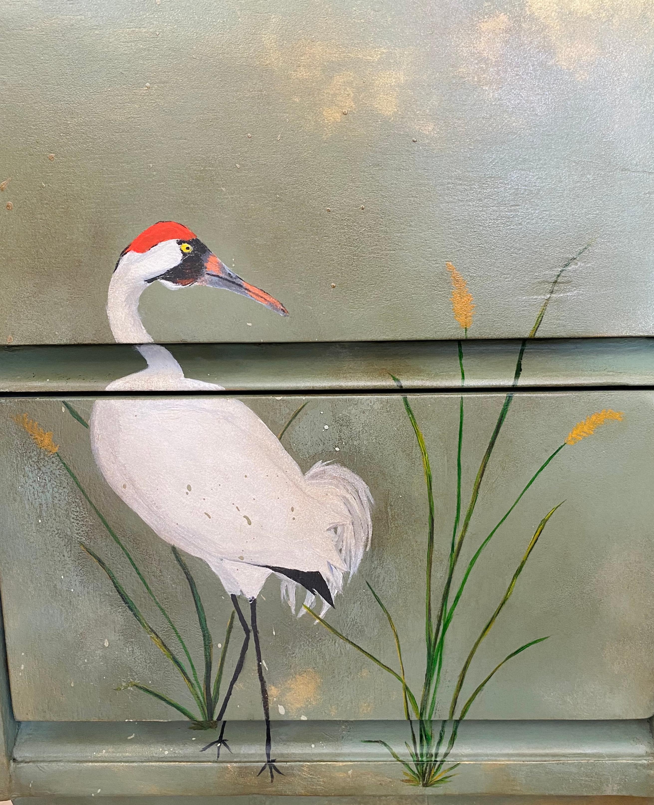 Mid-Century Modern Desk with Hand Painted Crane Scene at 1stDibs