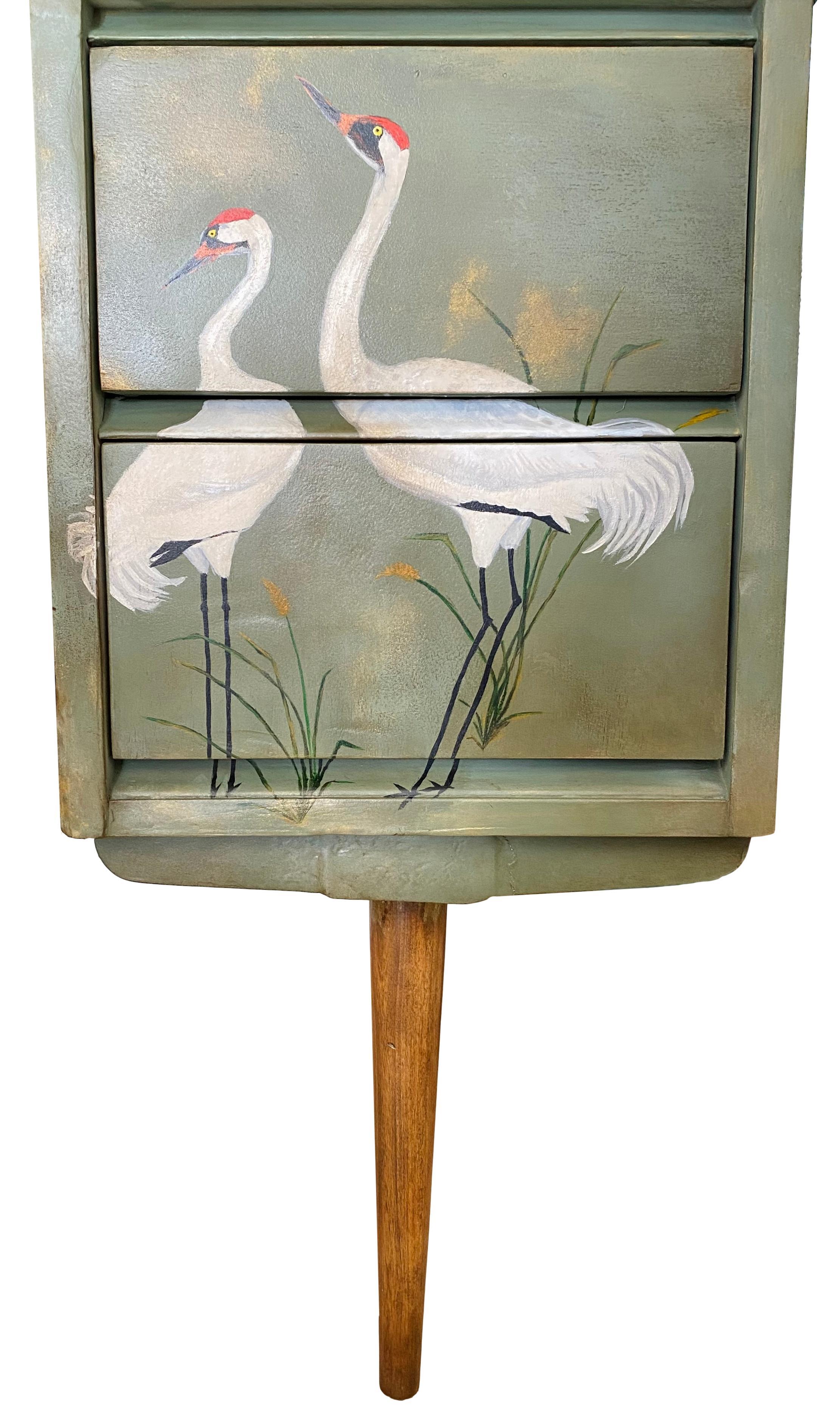 Mid-Century Modern Desk with Hand Painted Crane Scene at 1stDibs