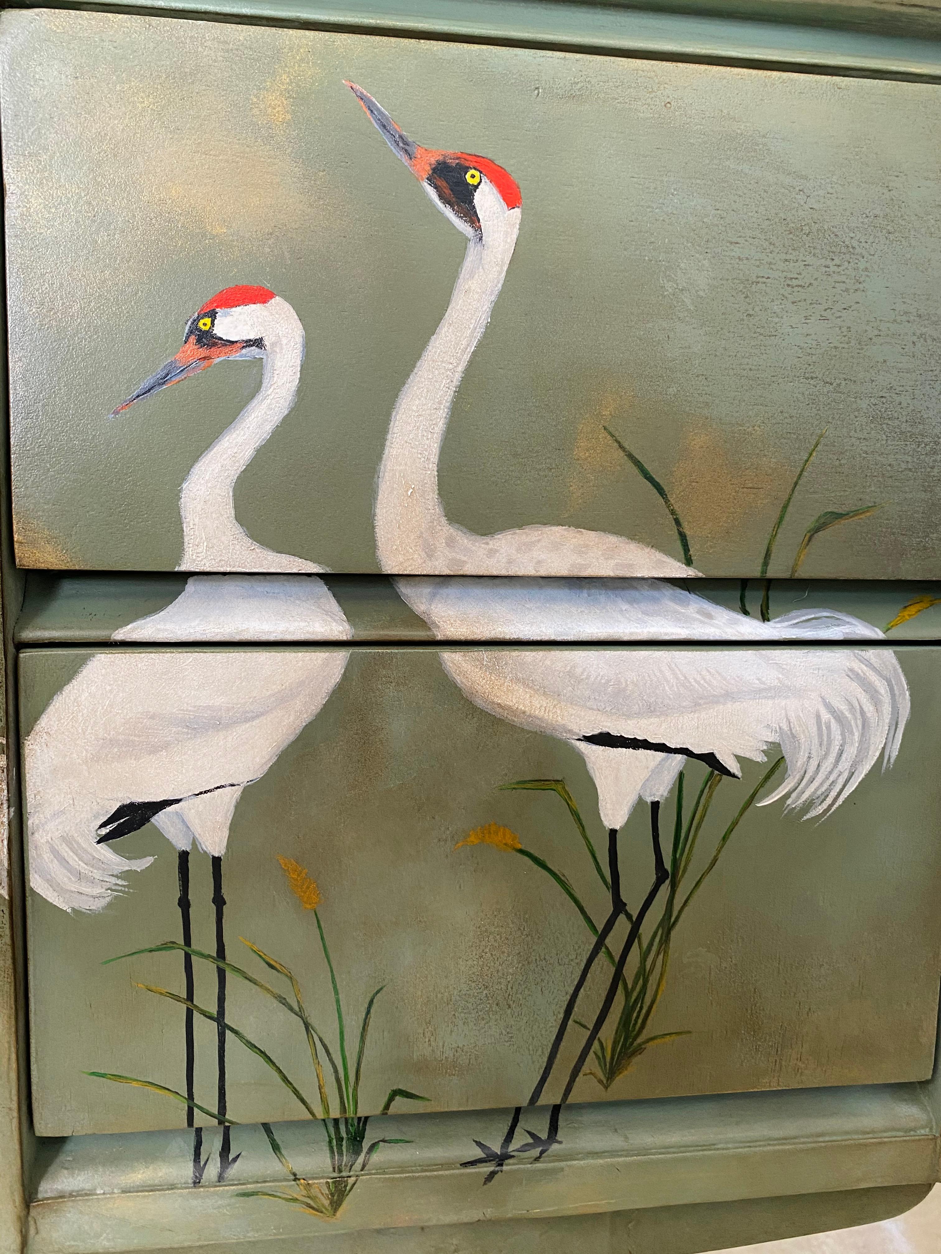 Mid-Century Modern Desk with Hand Painted Crane Scene at 1stDibs
