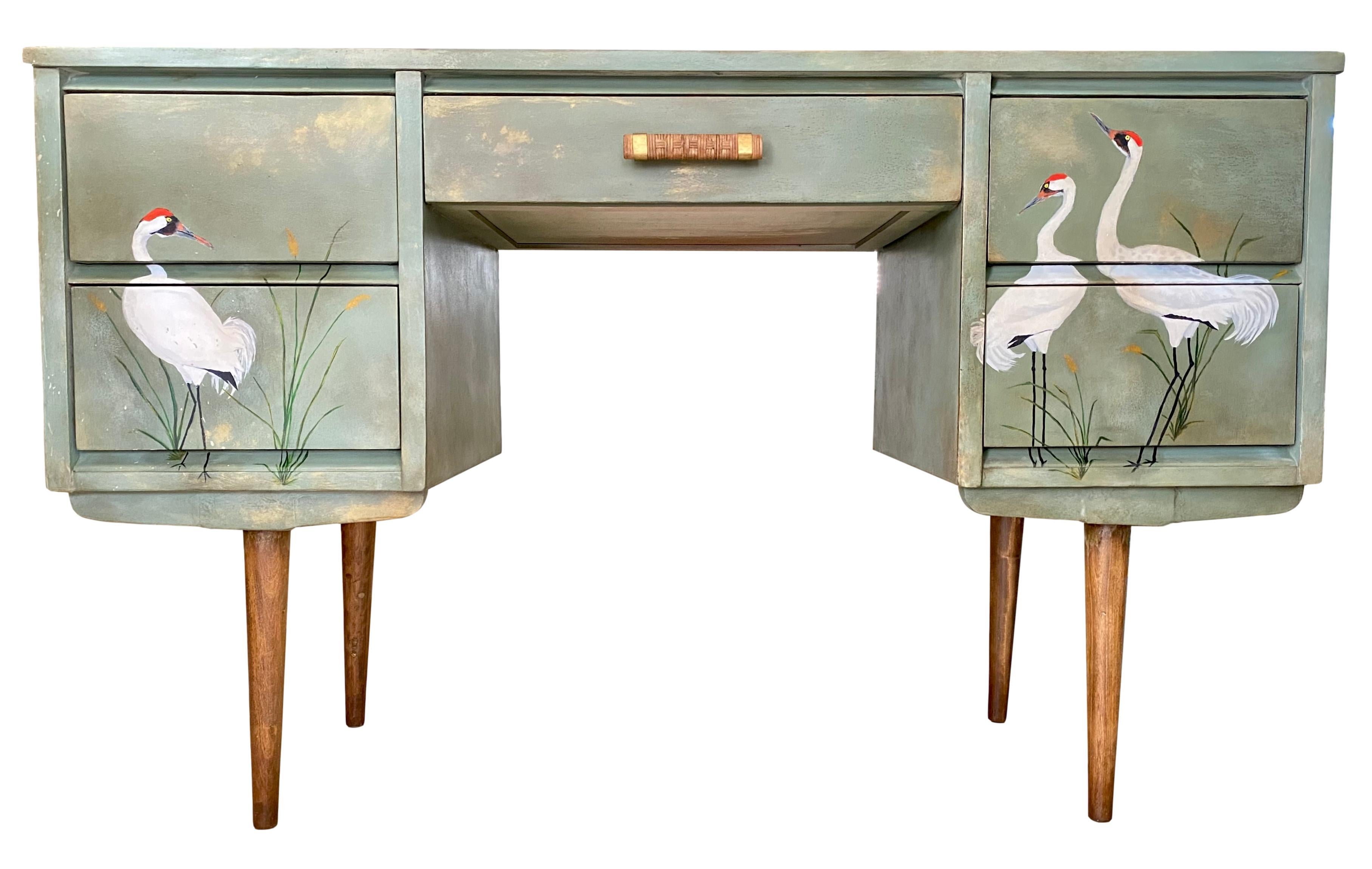 Mid-Century Modern Desk with Hand Painted Crane Scene at 1stDibs