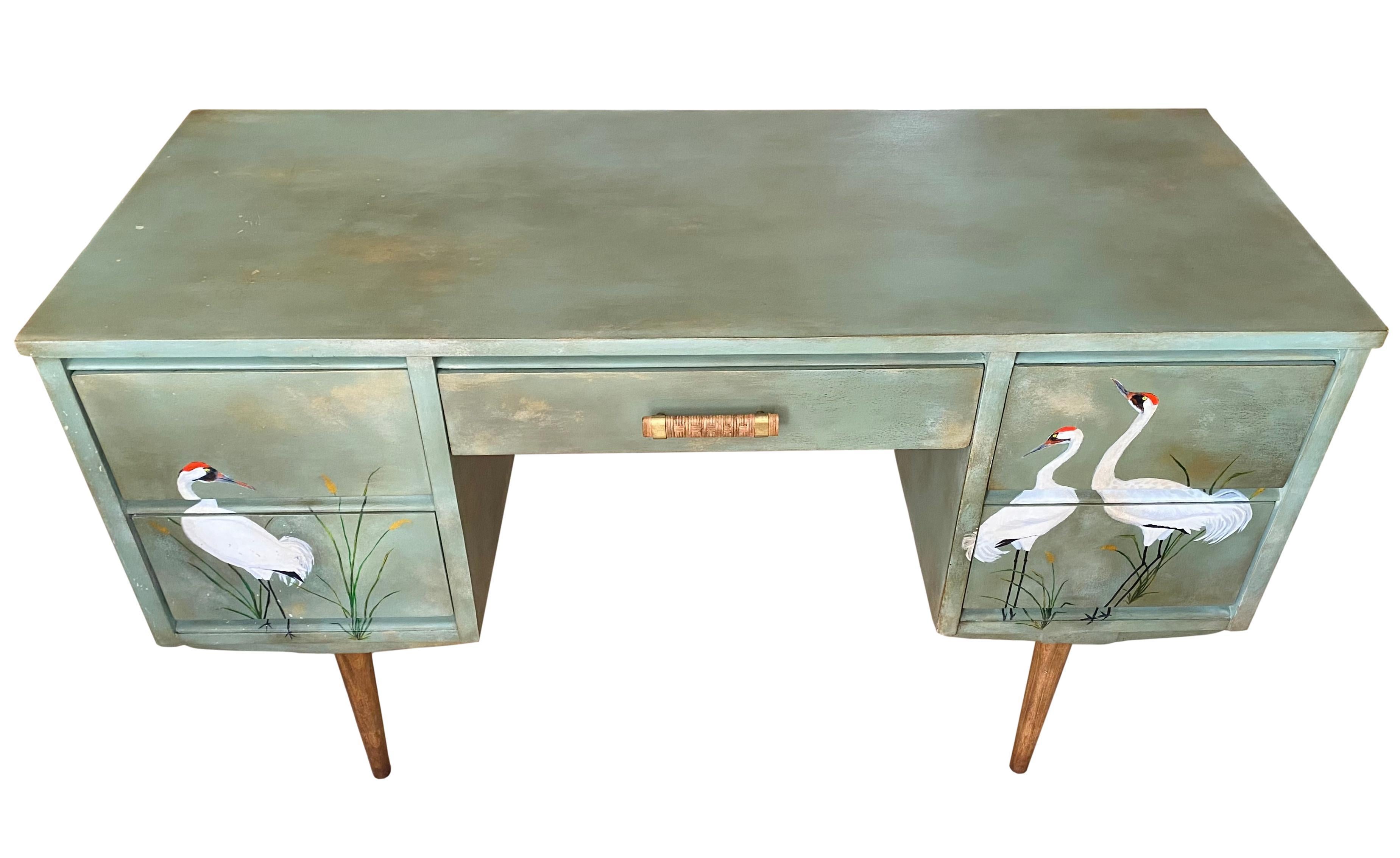 Mid-Century Modern Desk with Hand Painted Crane Scene at 1stDibs