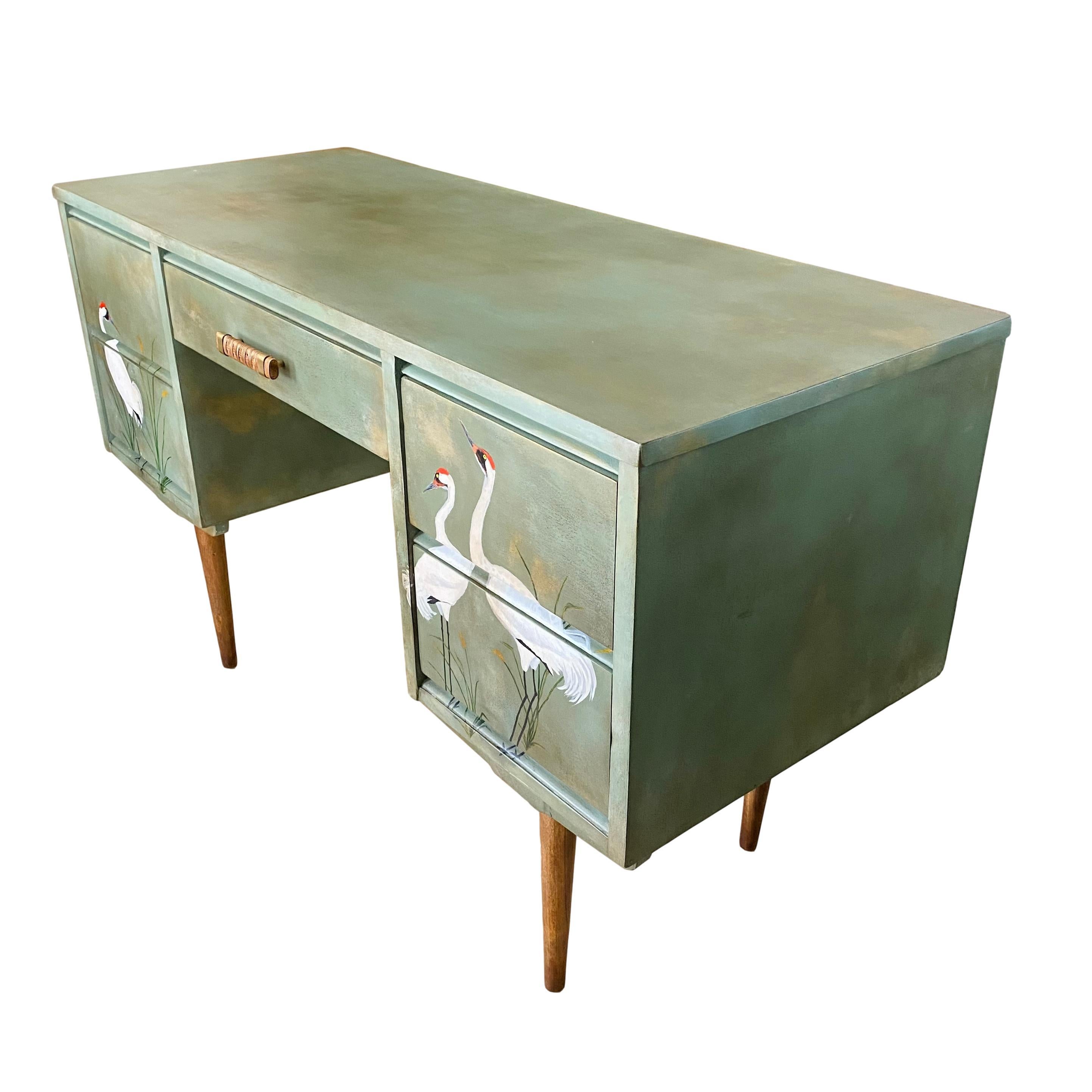 Mid-Century Modern Desk with Hand Painted Crane Scene at 1stDibs