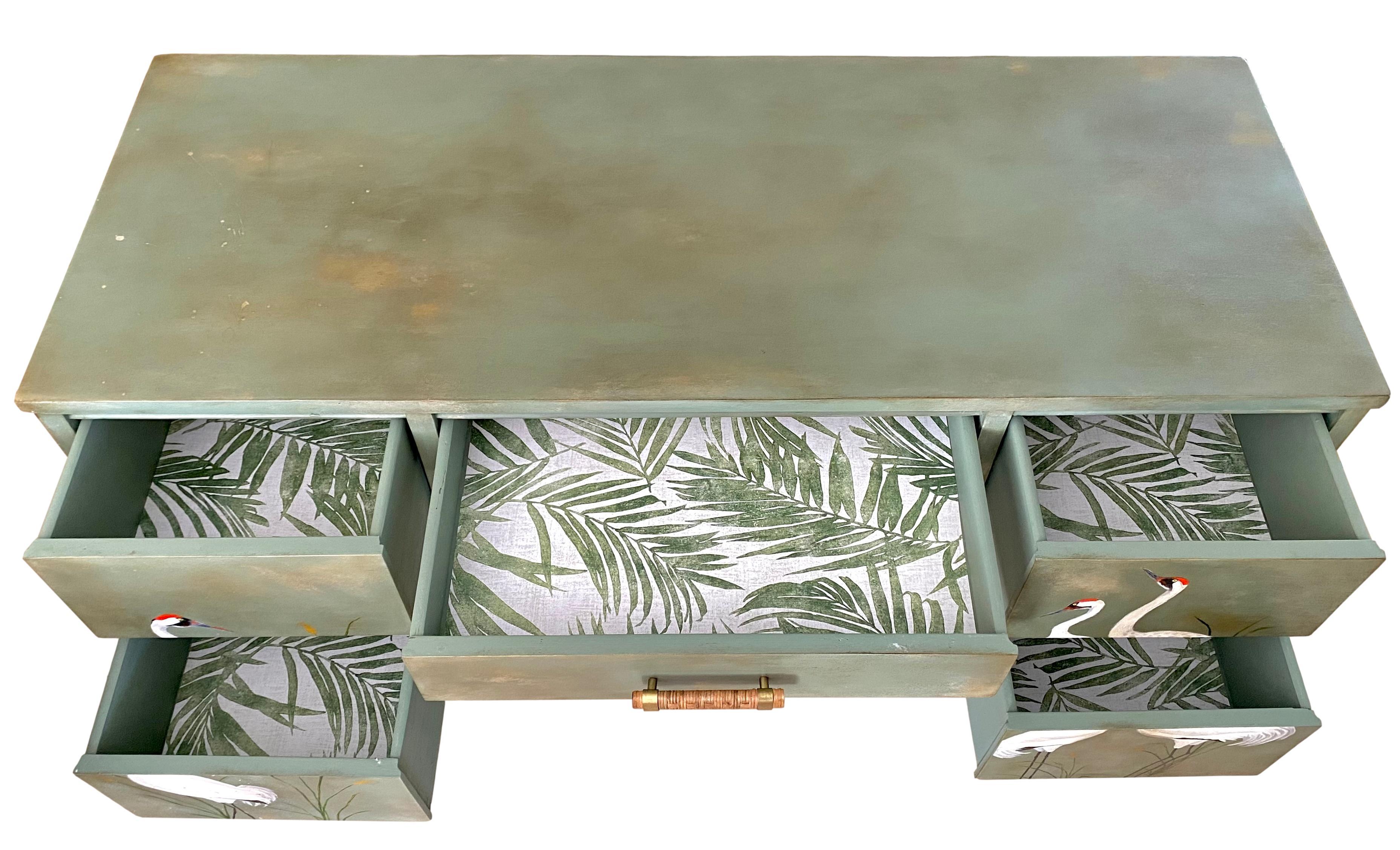 Mid-Century Modern Desk with Hand Painted Crane Scene at 1stDibs