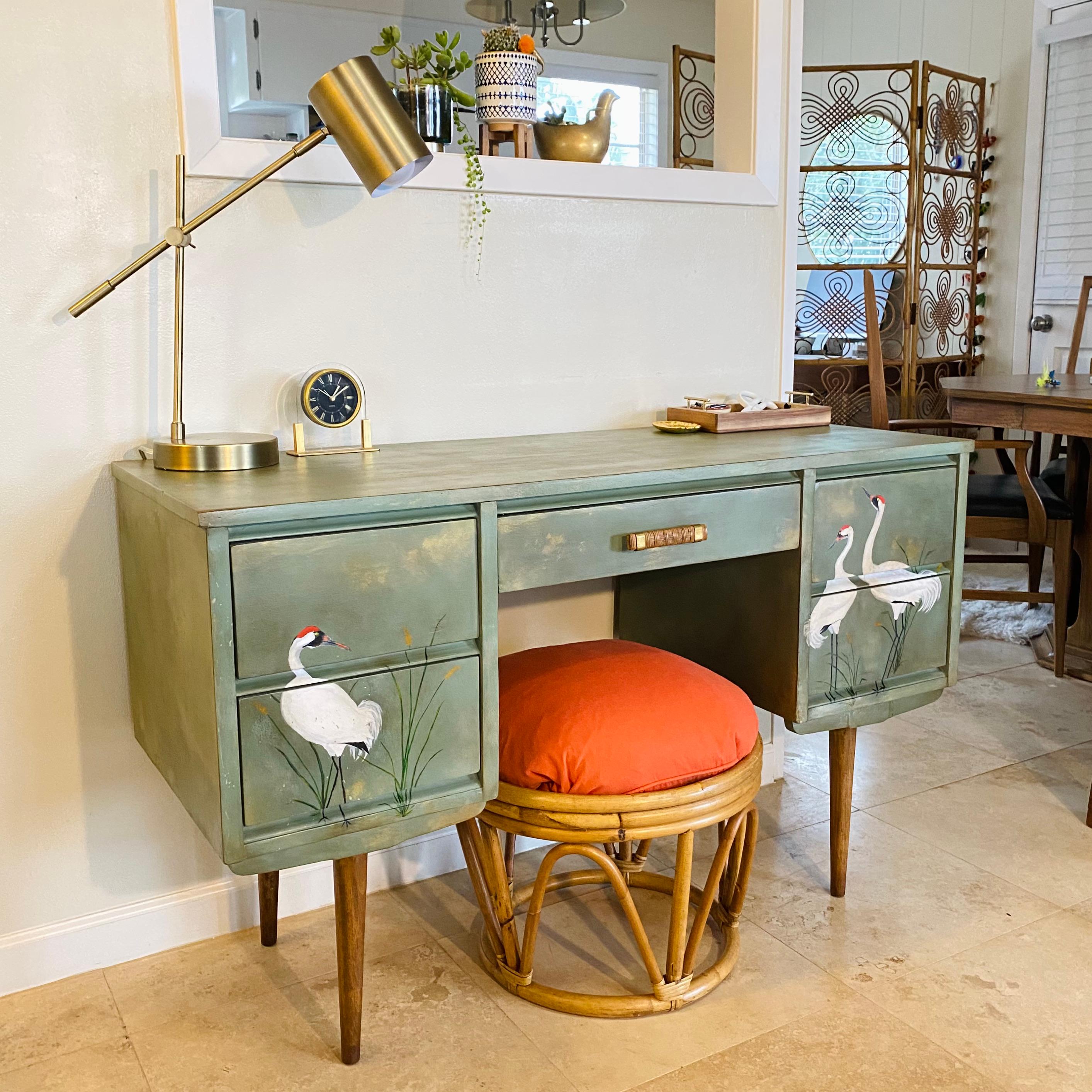 Mid-Century Modern Desk with Hand Painted Crane Scene at 1stDibs