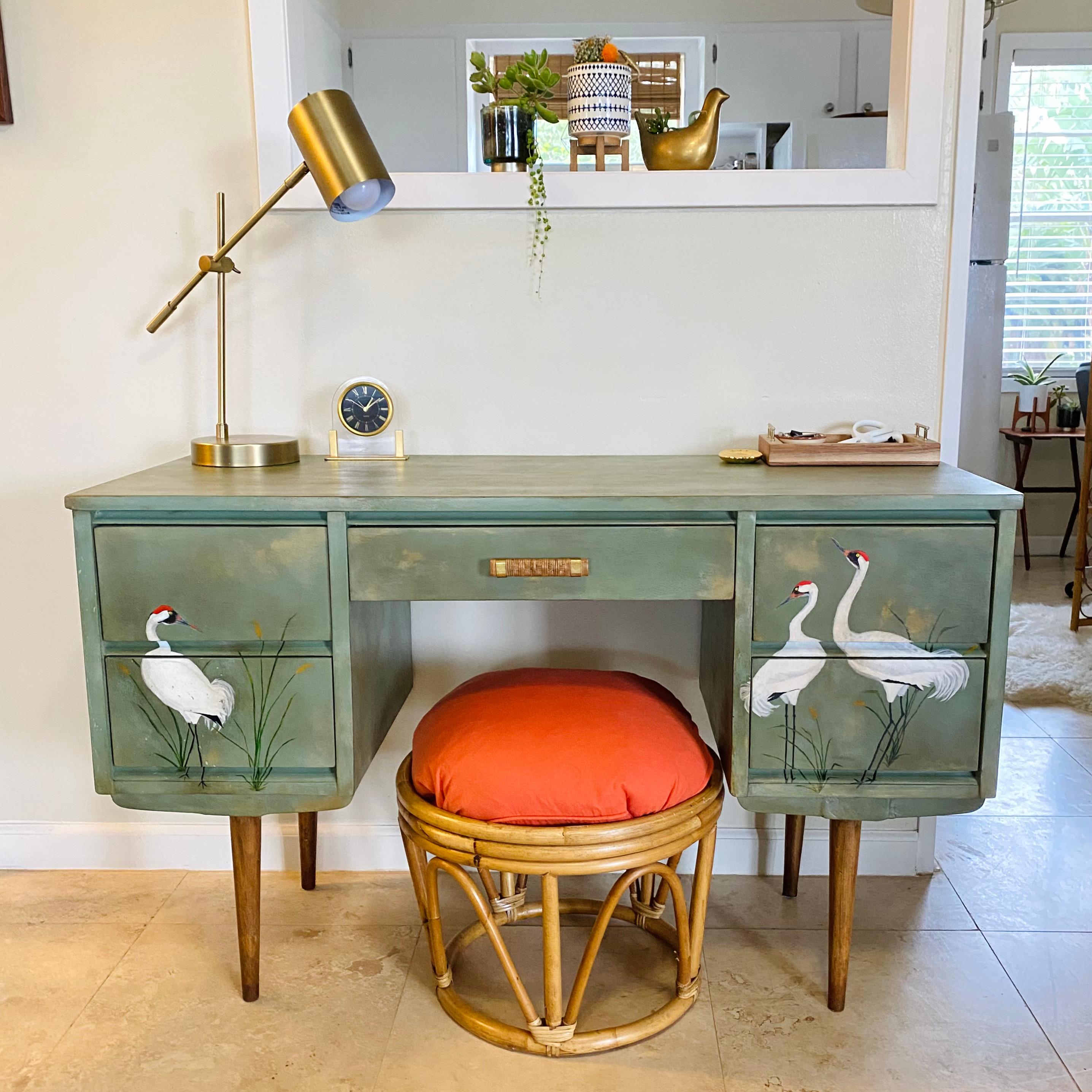 Mid-Century Modern Desk with Hand Painted Crane Scene at 1stDibs
