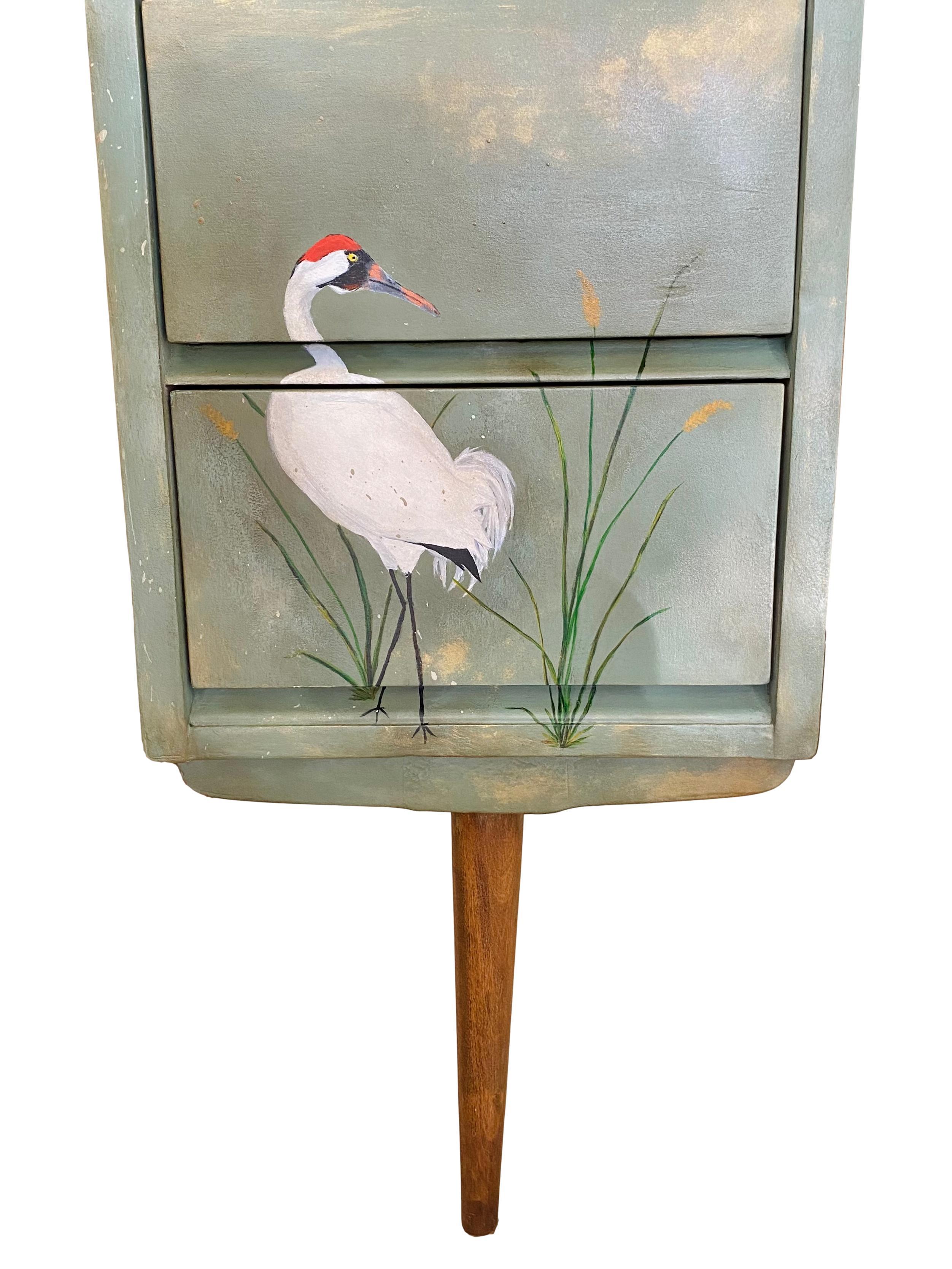 Mid-Century Modern Desk with Hand Painted Crane Scene at 1stDibs