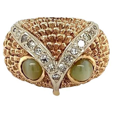 Diamond Owl Ring Vintage 14k Yellow Gold Cats Eye Chrysoberyl Eyes Fine ...