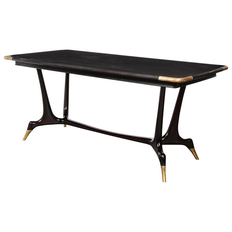 Mid-Century Modern Ebonized Dining Table w/ Brass Details, Manner of ...