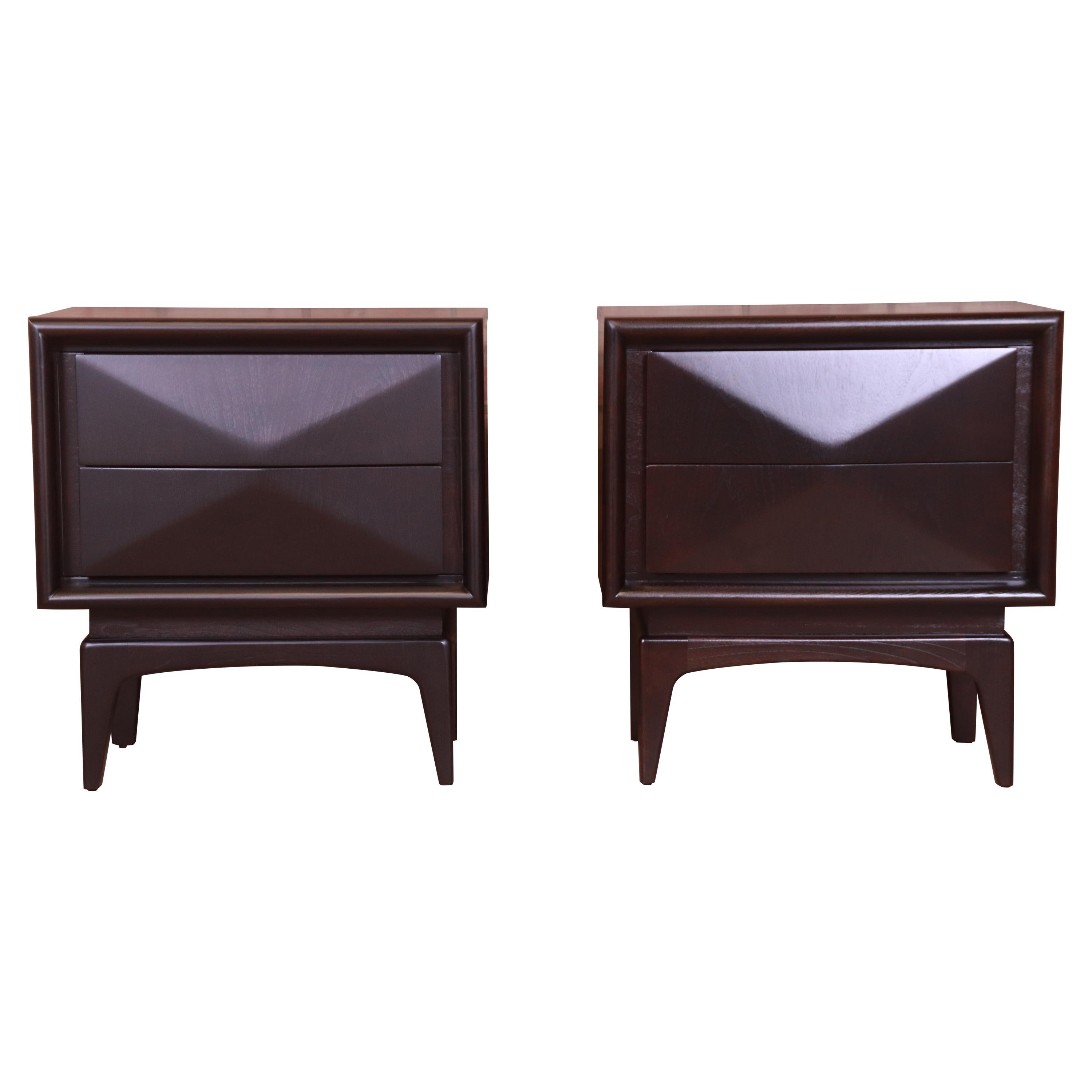 Mid-Century Modern Sculpted Walnut Nightstands, Newly Refinished at 1stDibs