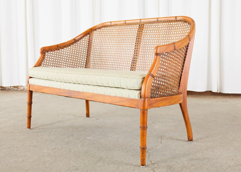 Mid-Century Modern Faux Bamboo Caned Settee Loveseat at 1stDibs
