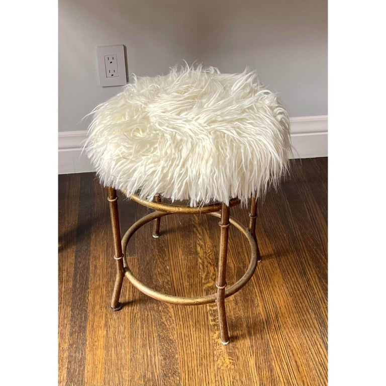 Mid-Century Modern Faux Bamboo Metal Stool with White Flokati Seat For ...