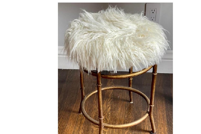 Mid-Century Modern Faux Bamboo Metal Stool with White Flokati Seat For ...