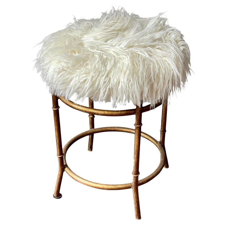 Mid-Century Modern Faux Bamboo Metal Stool with White Flokati Seat For ...