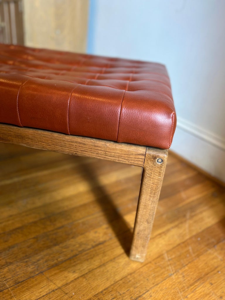 Mid Century Modern Faux Leather/Vinyl Ottoman Bench with Teak Base For ...