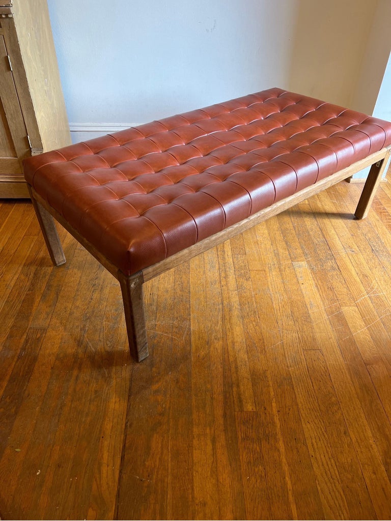 Mid Century Modern Faux Leather/Vinyl Ottoman Bench with Teak Base For ...