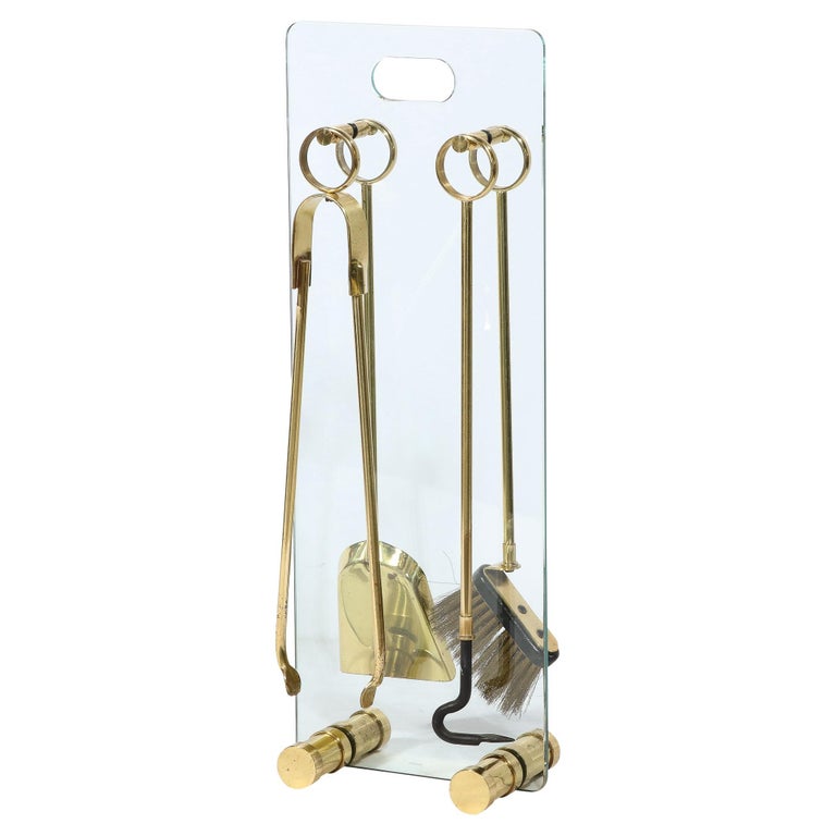 Mid-Century Modern Fire Tool Set in Glass and Polished Brass w/ Black ...