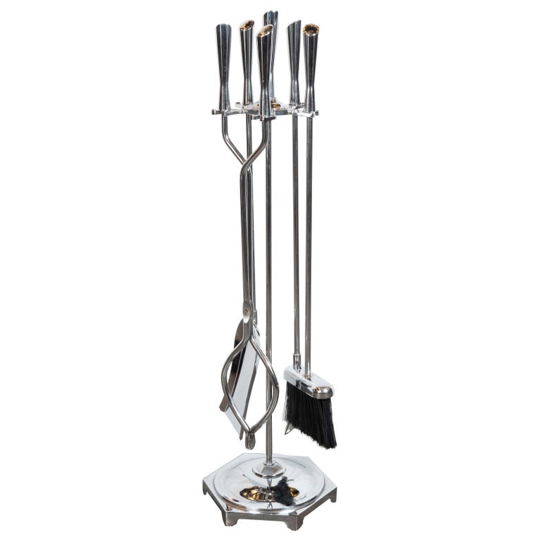 Mid-Century Modern Five-Piece Chrome Fire Place Tool Set at 1stDibs