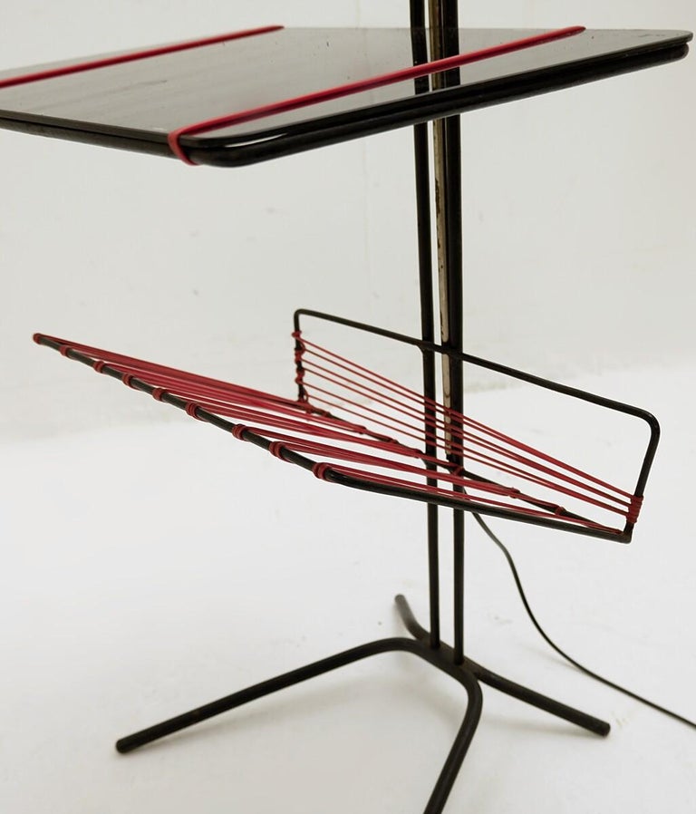 Mid-Century Modern Floor Lamp with Black Glass Table/Magazine Rack For ...