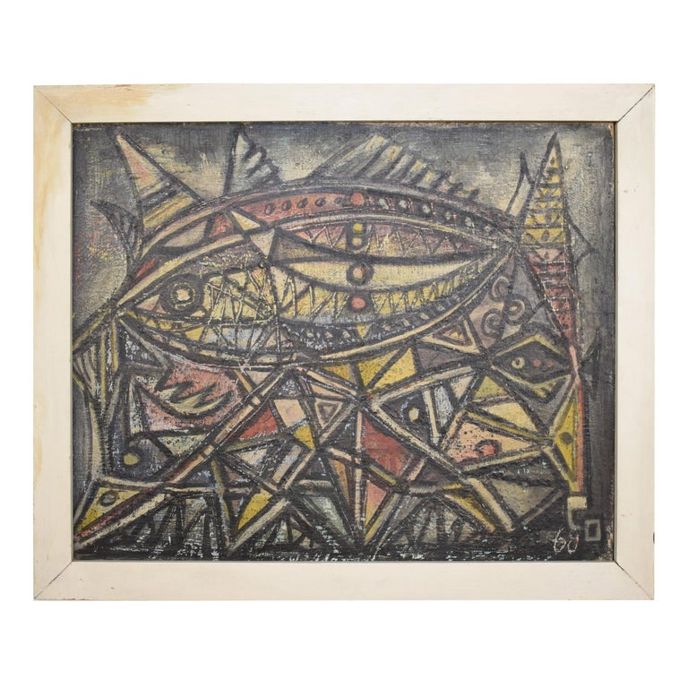 Mid-Century Modern Framed German Abstract Painting Acryl on Wood, circa ...