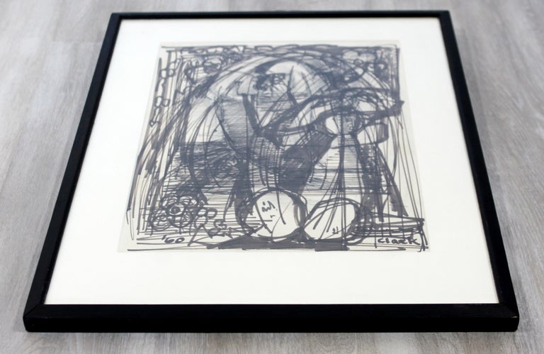 Mid-Century Modern Framed Original Abstract Marker Drawing Signed Clark ...