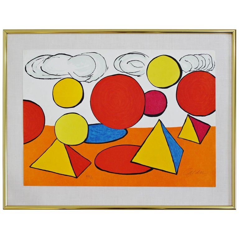 Mid-Century Modern Framed Signed Calder Pyramid Lithograph Orange Red ...