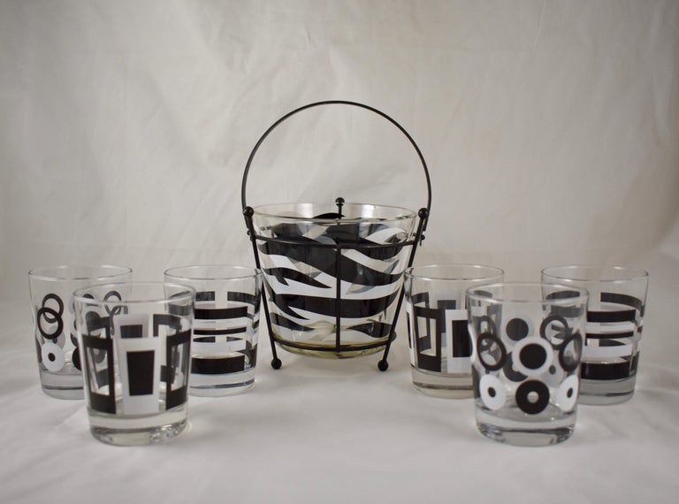 Mid-Century Modern Geometric and Zebra Print Black and White Barware ...
