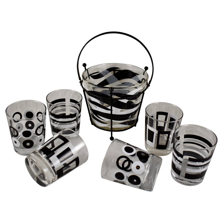 Mid-Century Modern Geometric and Zebra Print Black and White Barware ...